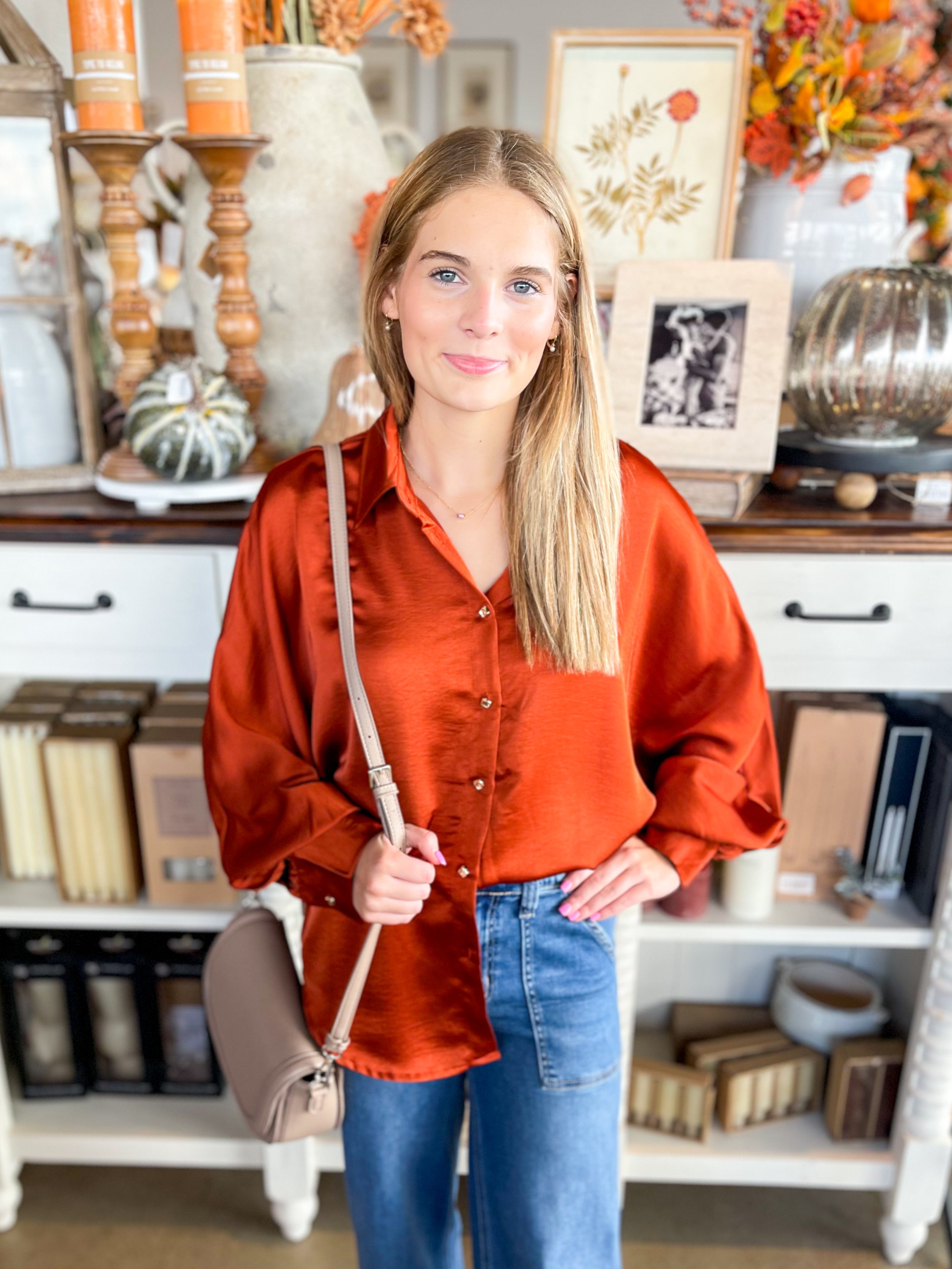 Rust Glam Voluminous Sleeve Blouse – Kenzie Parker